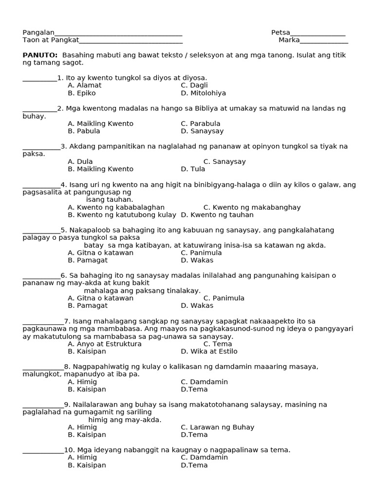 Quarter 1 Mini Pagsusulit | PDF