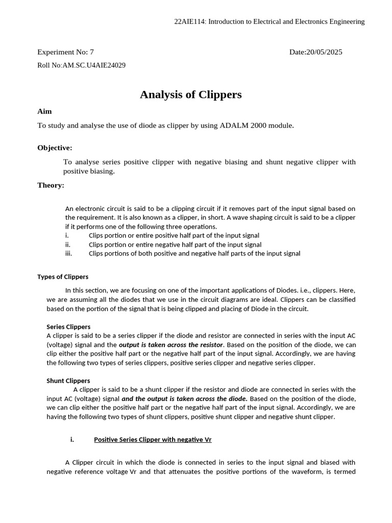 EEE - Lab7 (1) (AutoRecovered) | PDF | Diode | Electrical Network