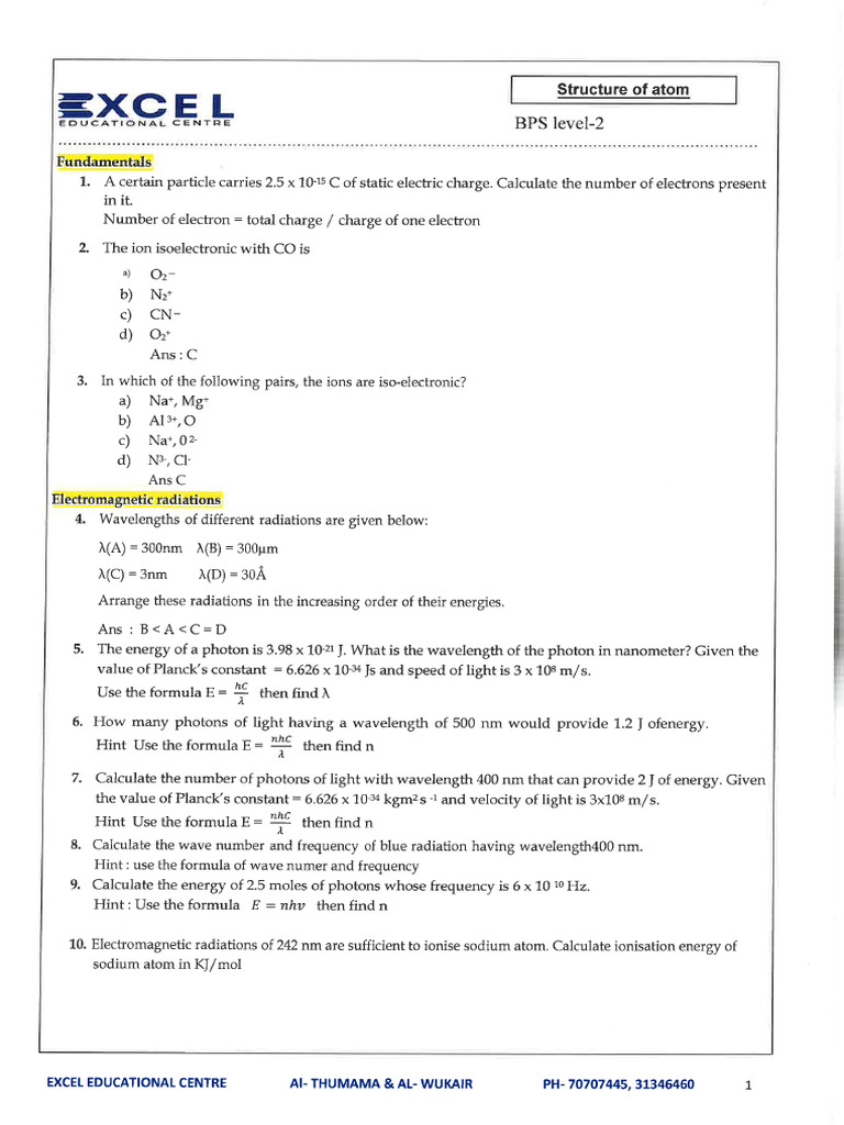 Stuctrure of Atom Additional Work Sheet BPS 2025 | PDF