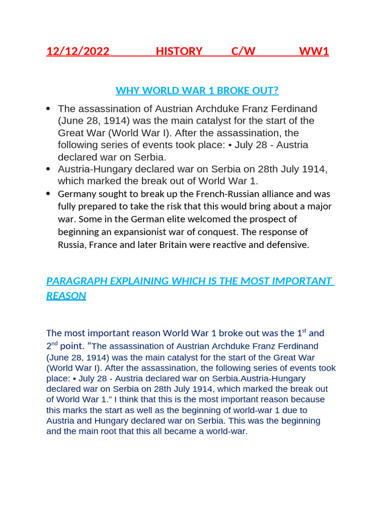 History Work World War 1 | PDF