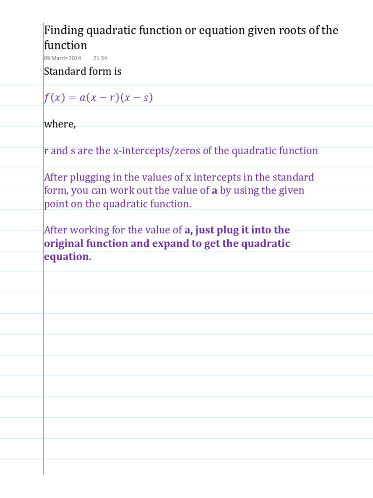 Finding Quadratoic Functionequation Given Roots of The Function | PDF