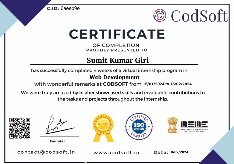 CodeSoft Internship Certificate | PDF