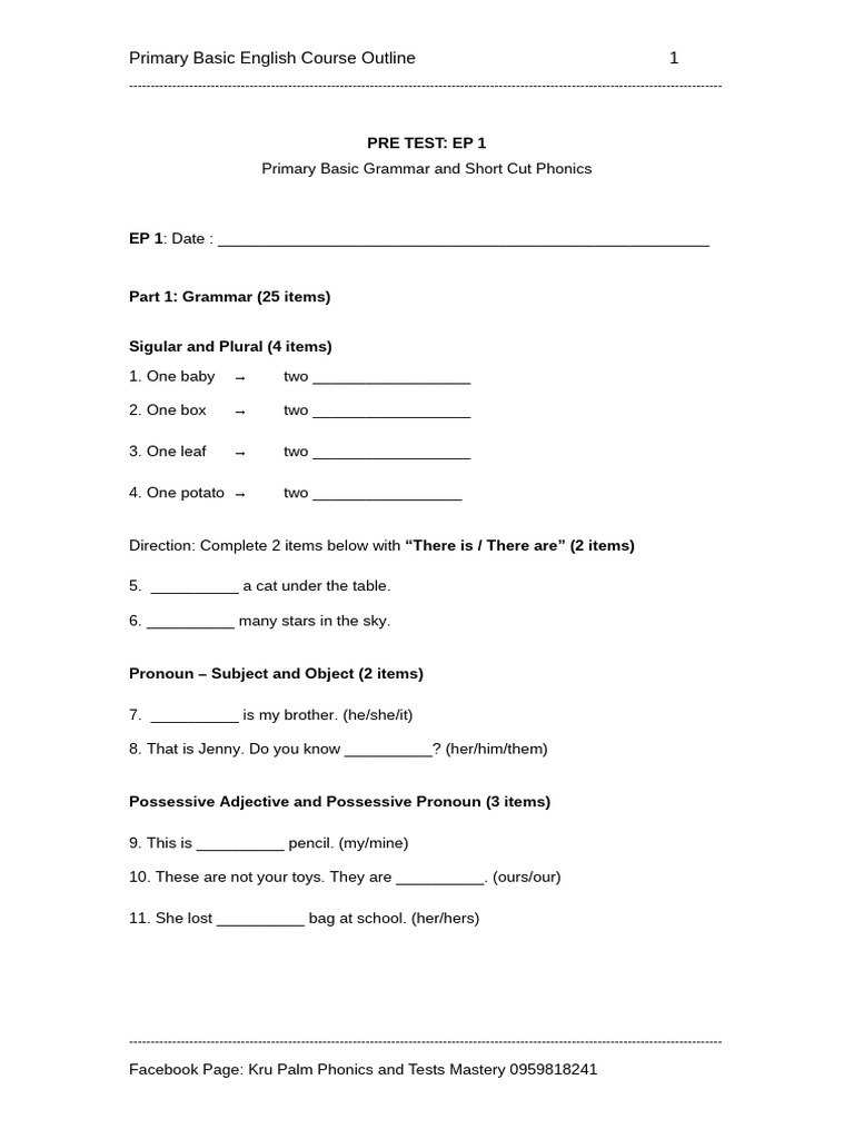 Pre and Post Test - Primary Basic English | PDF | Pronoun | English ...