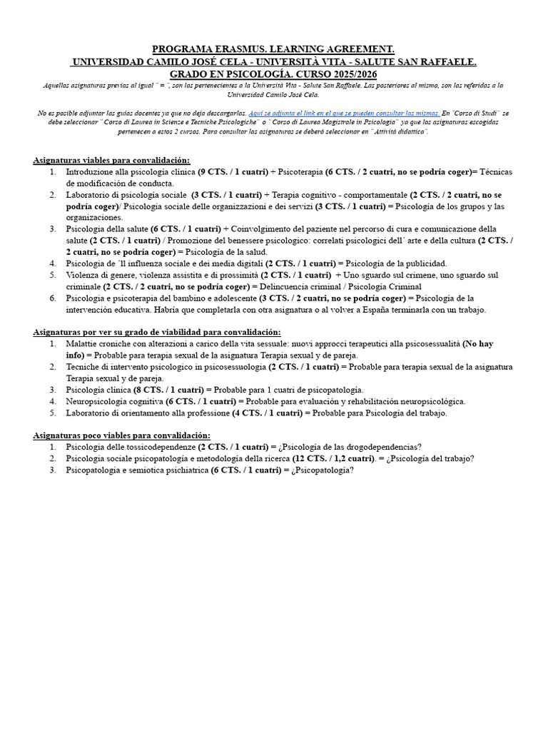 Borrador Learning Agreement | PDF | Psicoterapia | Sicología