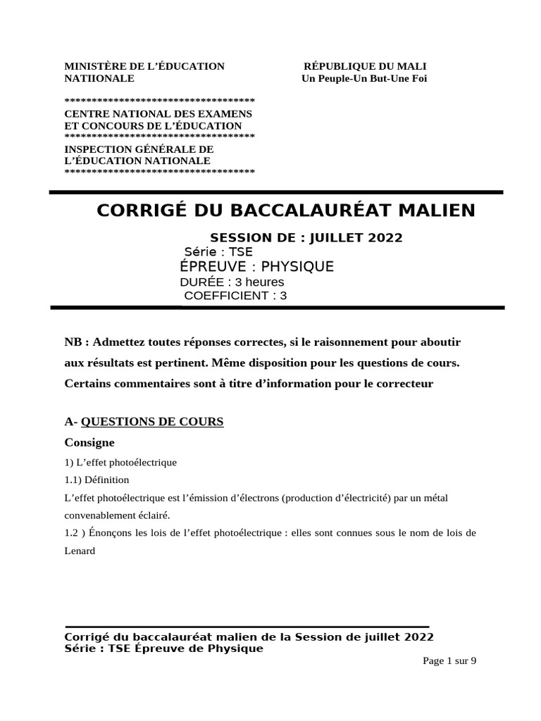 Corrigé Physique Bac Malien 2022 TSE | PDF | Satellite | Glace