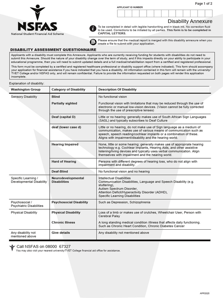 NSFAS Disability Annexure 2025 - Final | PDF | Disability | Visual Impairment
