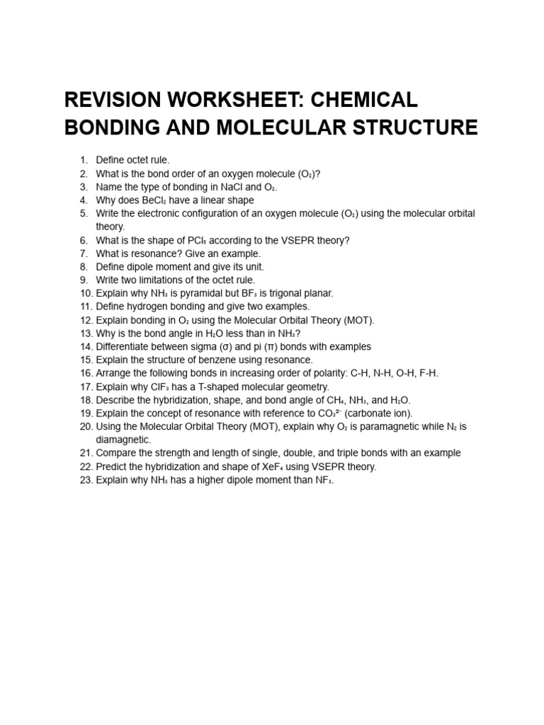 Revision Worksheet - Chemical Bonding and Molecular Structure | PDF