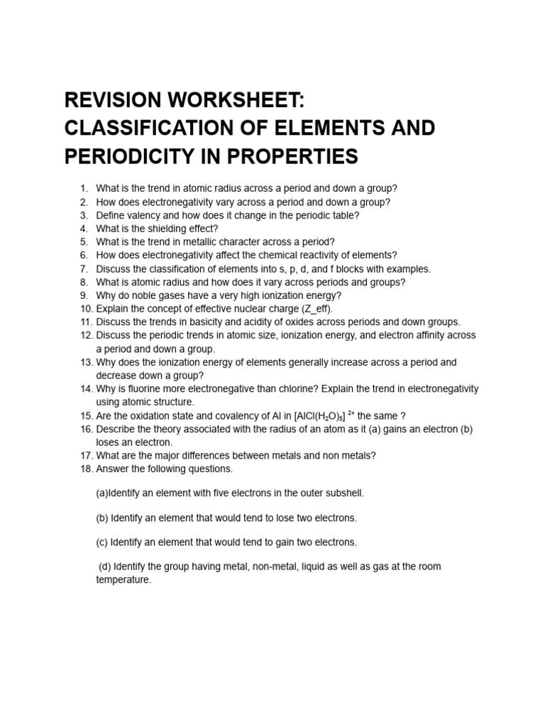 Revision Worksheet - Classification of Elements and Periodicity in ...