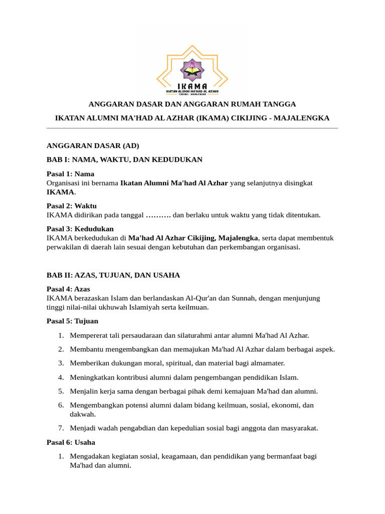 Ikama - Anggaran Dasar Dan Anggaran Rumah Tangga | PDF