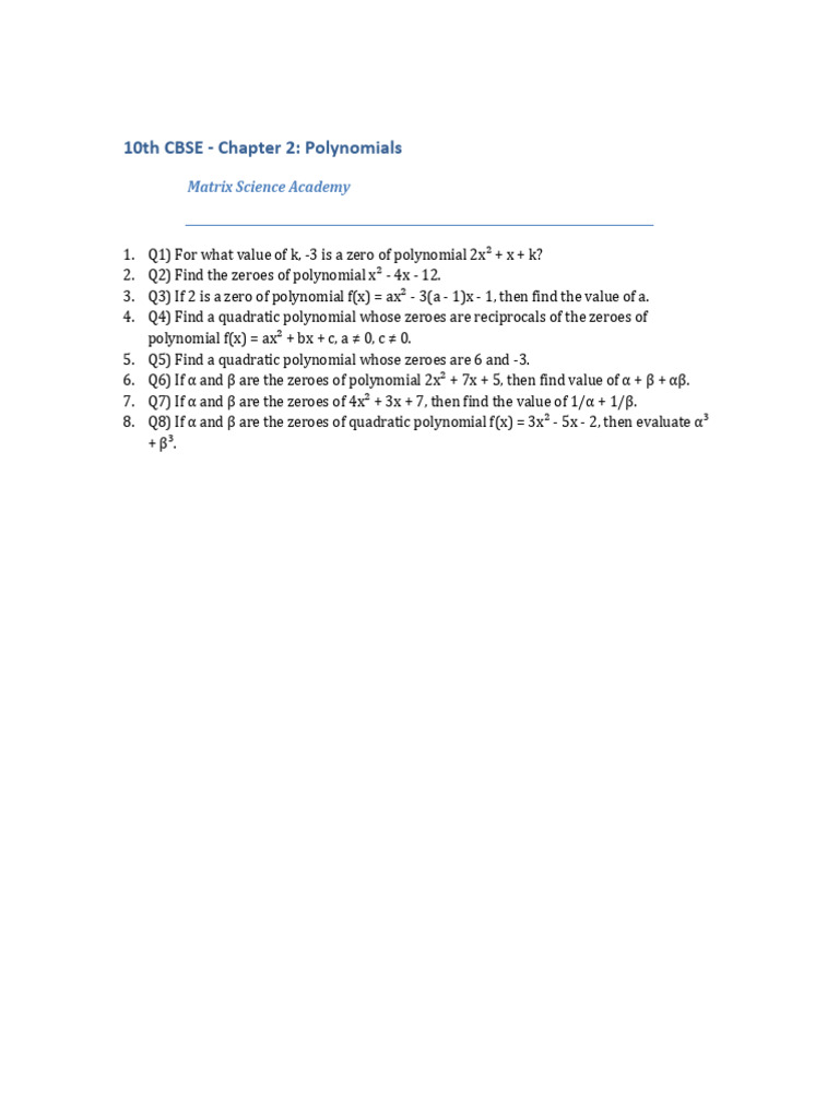 Polynomials Chapter Questions | PDF