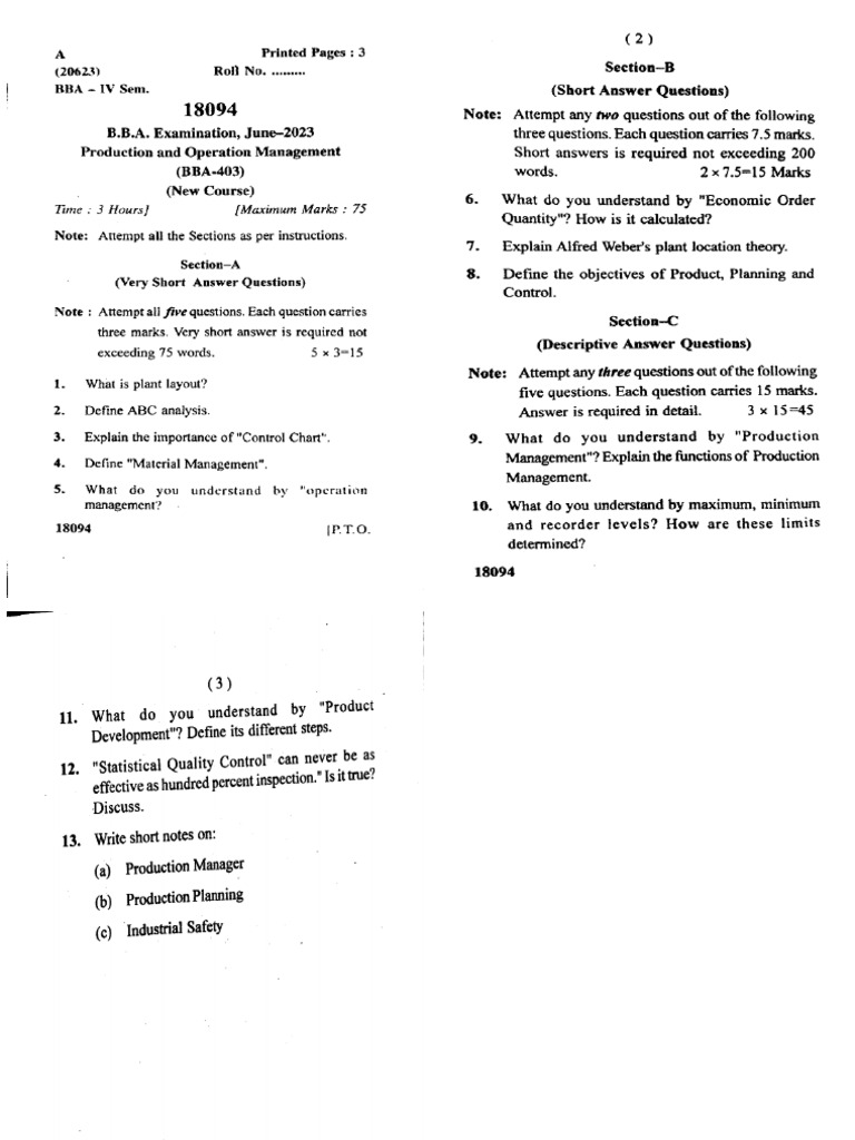 Bba 4 Sem Production and Operation Management 18094 Jun 2023 | PDF
