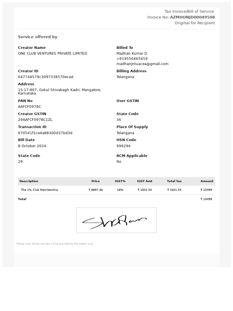 Tax Invoice for 1% Club Membership | PDF