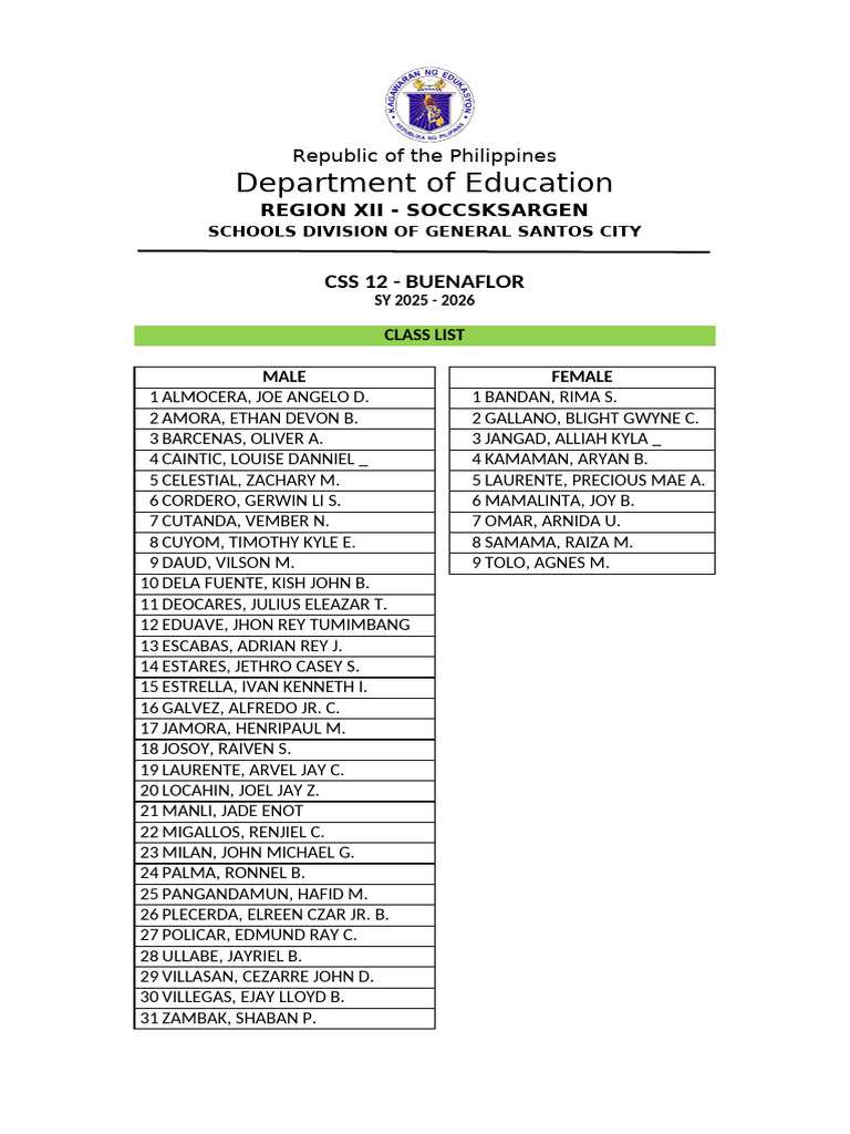 Class List - CSS 12 Buenaflor | PDF