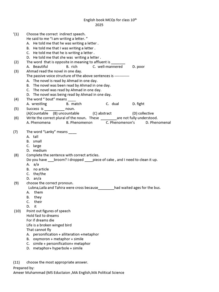 English-complete Mcqs Paper for Class 10th | PDF | Verb | Adverb