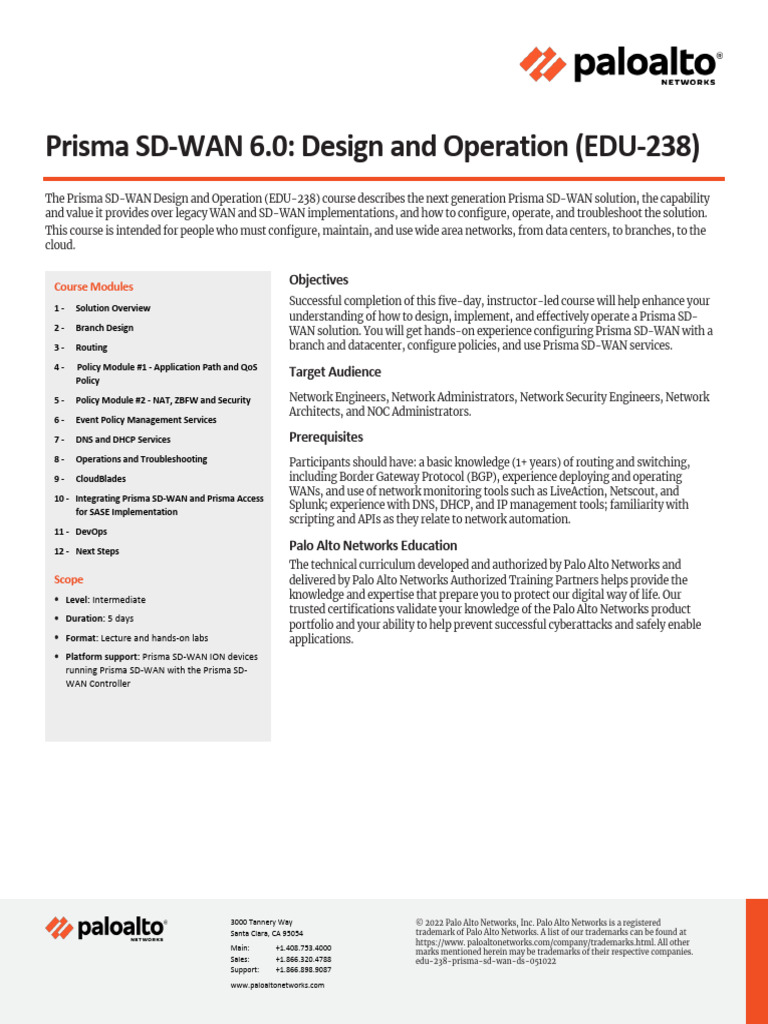 Edu 238 Prisma SD Wan Design and Operation | PDF | Computer Network | Internet Architecture