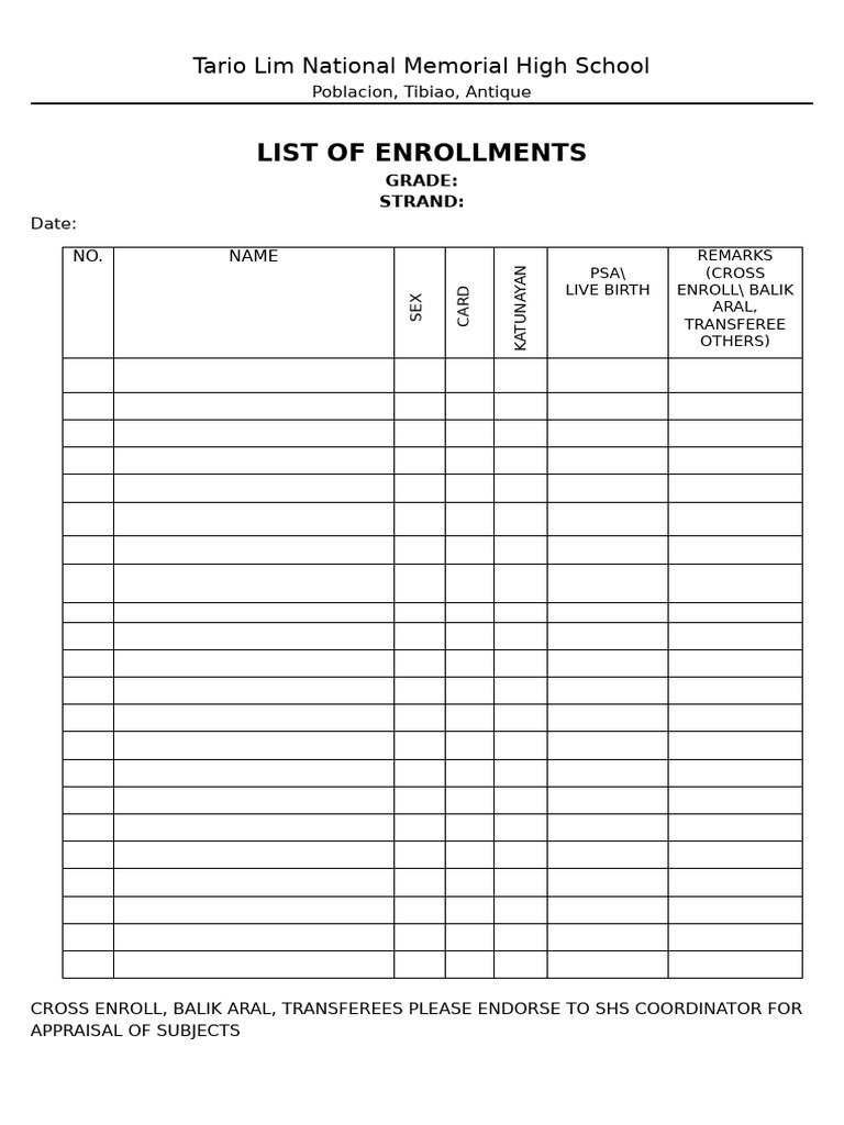 List For Enrollment Form | PDF
