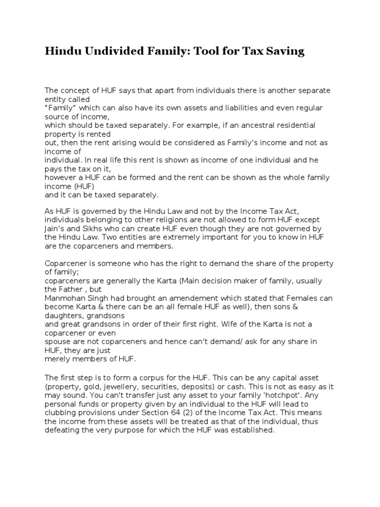 Hindu Undivided Family: Tool For Tax Saving | PDF | Taxes | Insurance