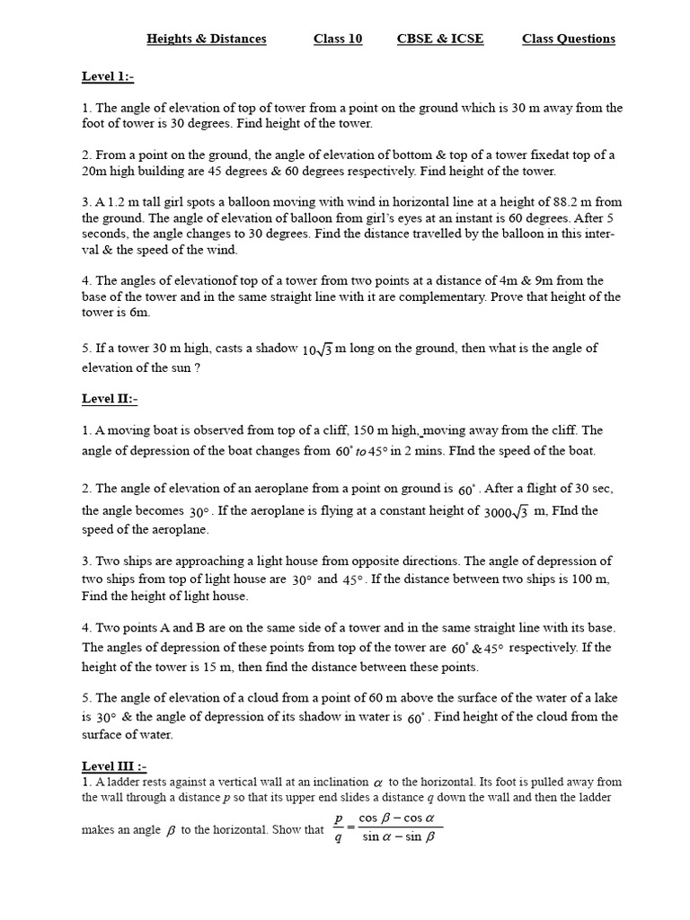 Heights & Distances - Class Questions | PDF