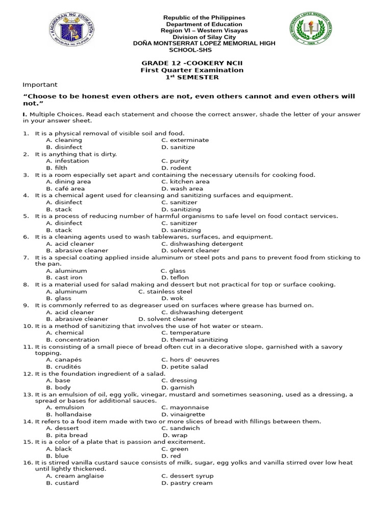 Cookery Pre Test Sy21 22 | PDF | Salad | Hors D'oeuvre
