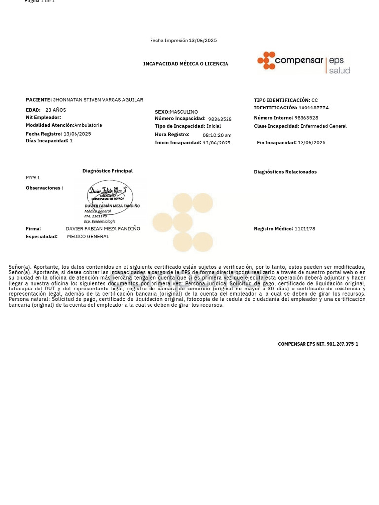 Jhonnatan Vargas Incapacidad Compensar | PDF