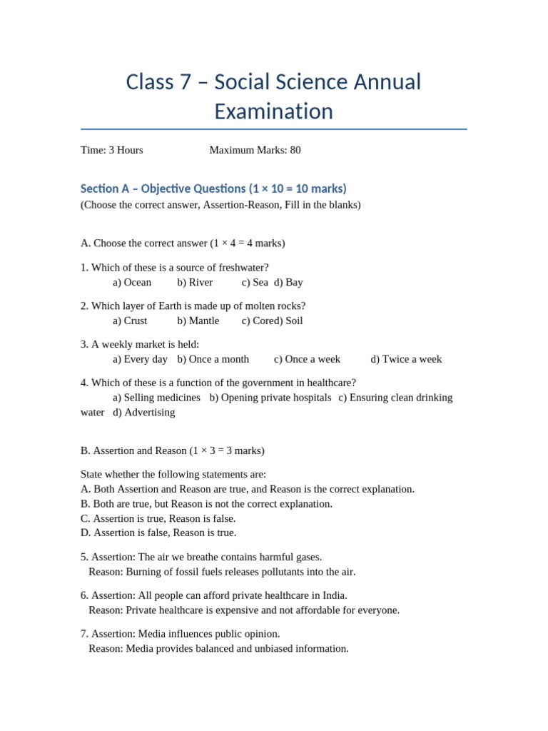 Class 7 Social Science Annual Exam | PDF | Earth | Water