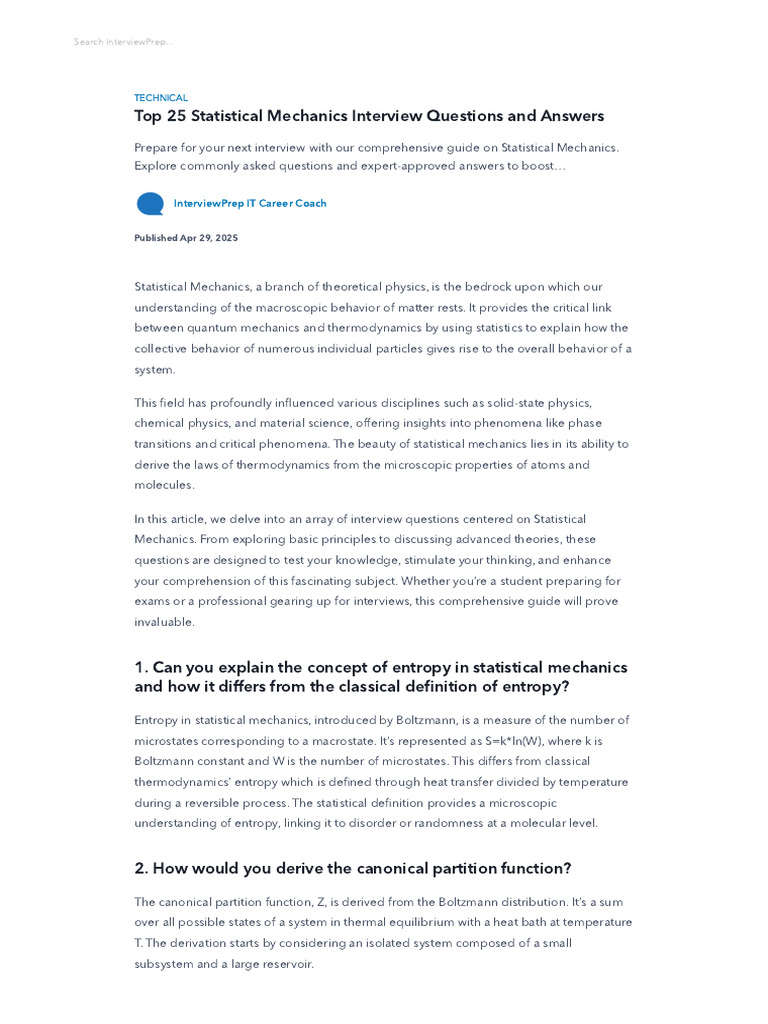 Top 25 Statistical Mechanics Interview Questions and Answers ...