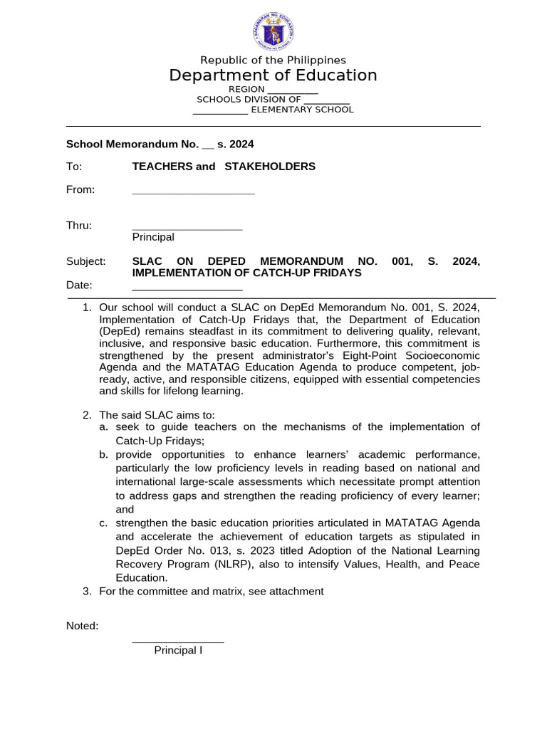 Slac Memo On Catch Up Fridays | PDF