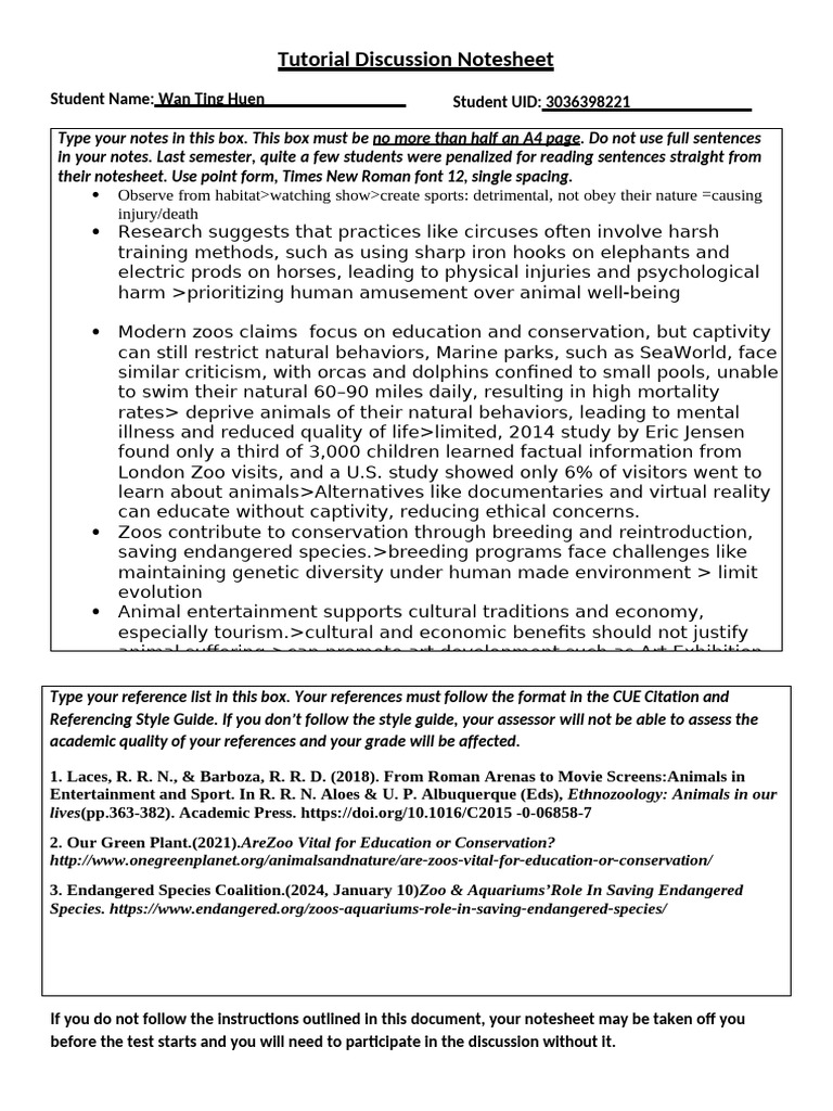 Tutorial Discussion Notesheet | PDF | Zoo | Endangered Species