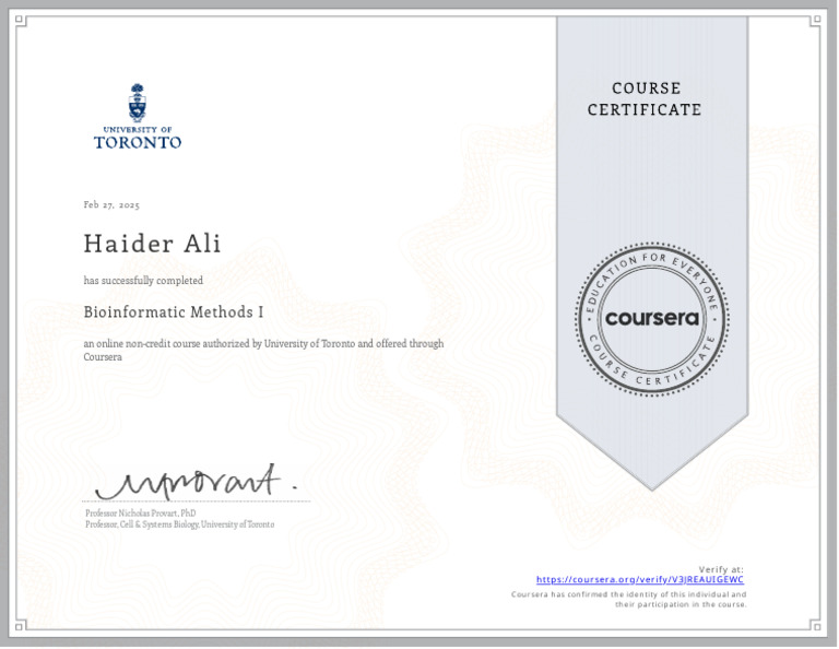 Bioinformatics Method 1 Certificate | PDF