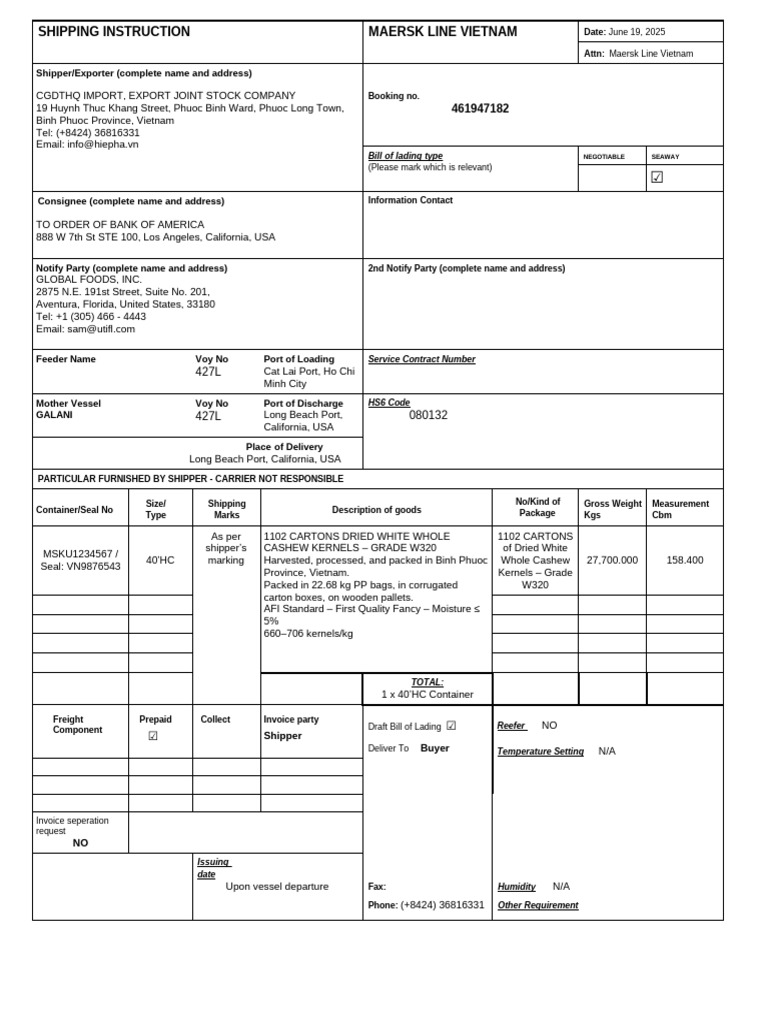 Shipping Instruction Format | PDF | Cargo | Bill Of Lading