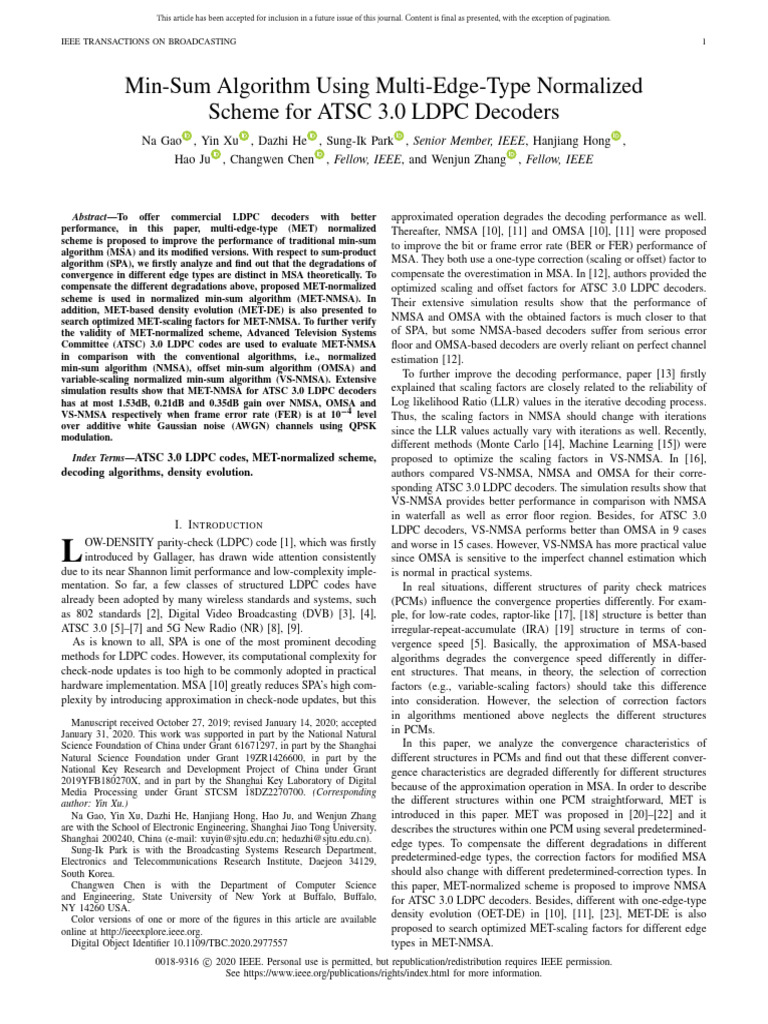 Min-Sum Algorithm Using Multi-Edge-Type Normalized Scheme For ATSC 3.0 LDPC Decoders | PDF | Low ...