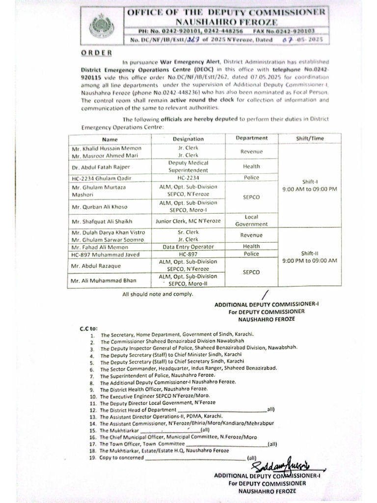 Emergency Duties Reg. War Alert District N.feroze | PDF