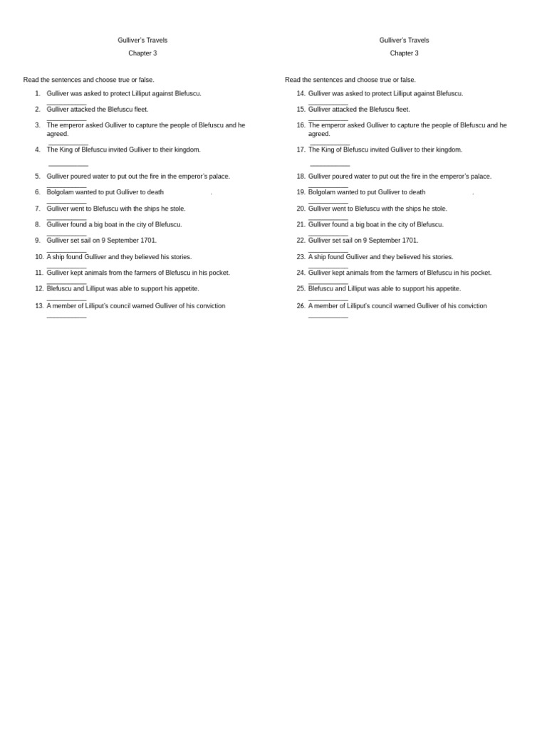 Gulliver's Travels: Chapter 3 Quiz | PDF | Chess Openings | Chess