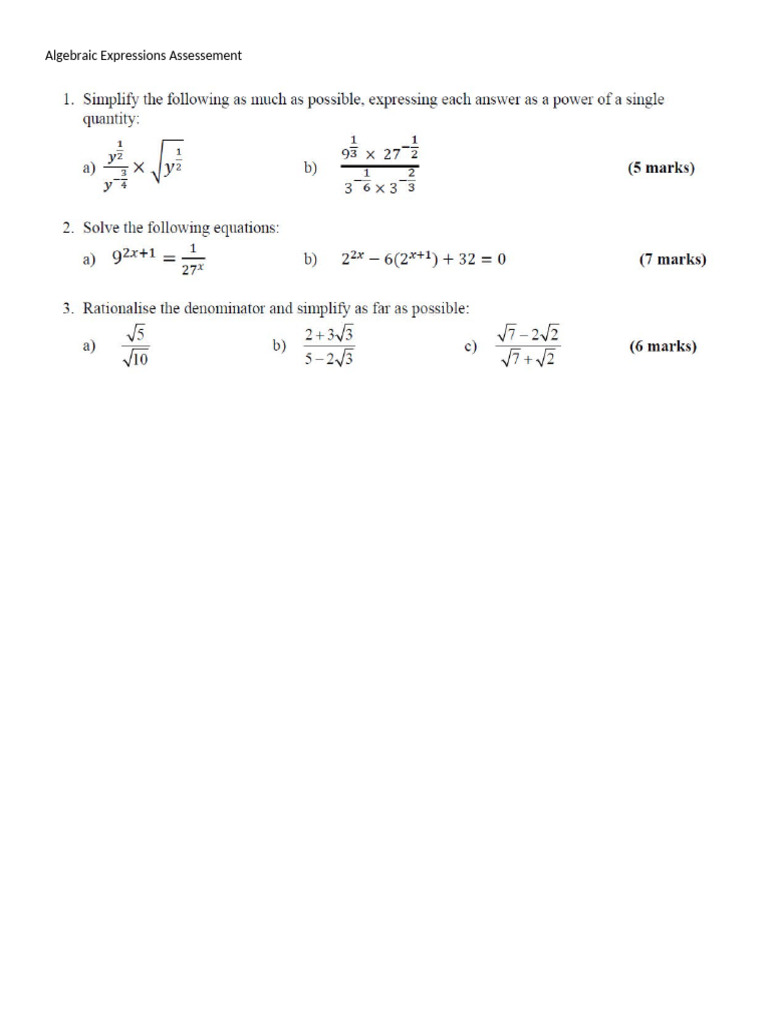 Algebraic Expressions Assessed Homework | PDF