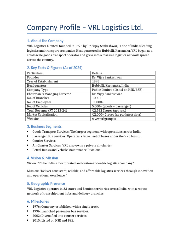 VRL Logistics Company Overview | PDF
