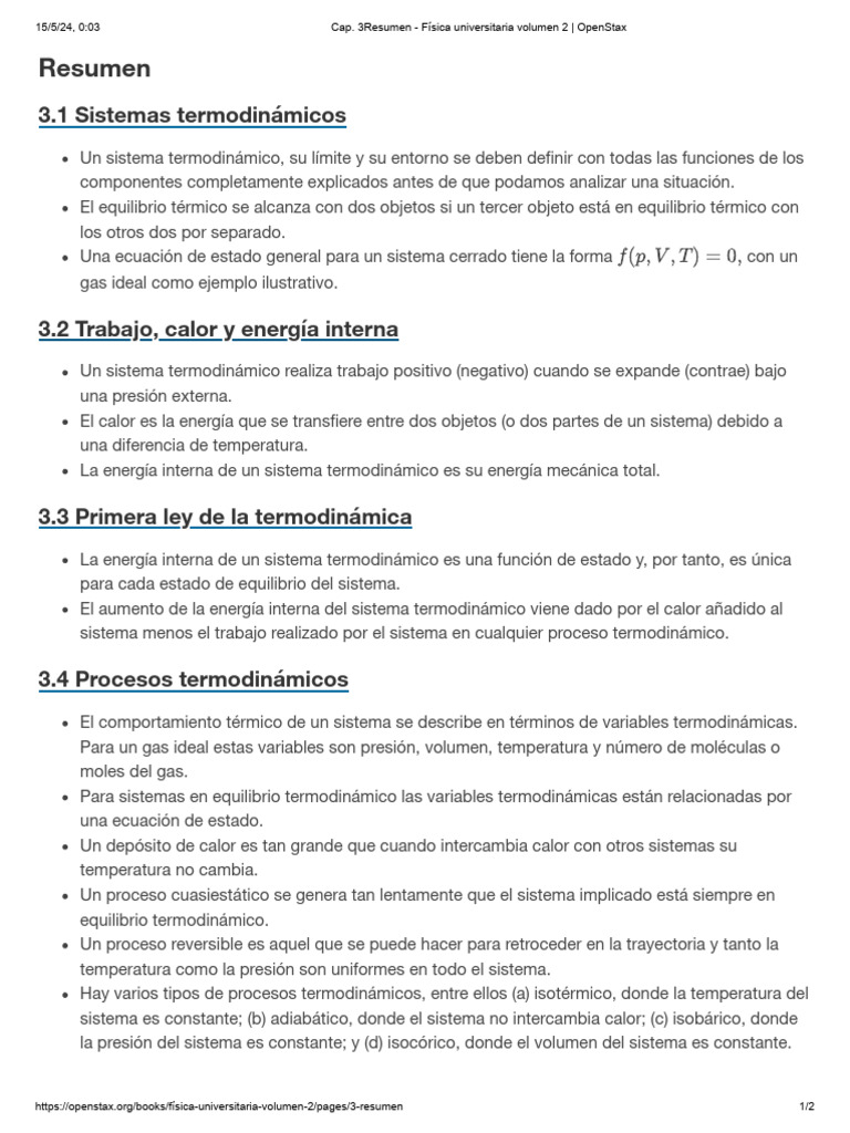 Primera Ley Termodinamica - Resumen | PDF | Termodinámica | Gases