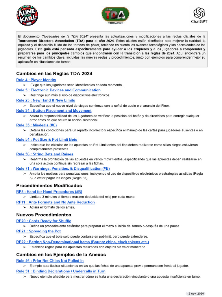 Cambios en Reglas TDA 2024 | PDF | Póker | Dispositivos de juego
