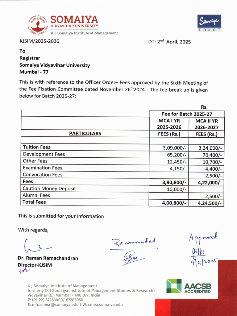KJ Somaiya MCA Fees Structure | PDF