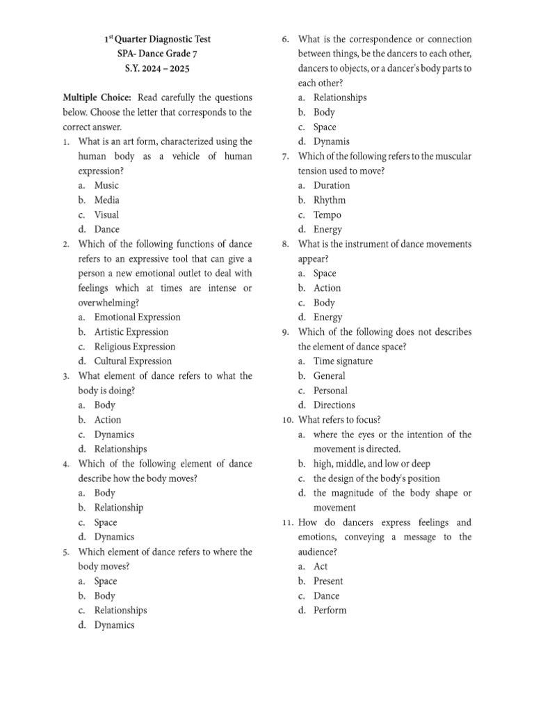 Q1 - Diagnostic Test in G7 Dance | PDF