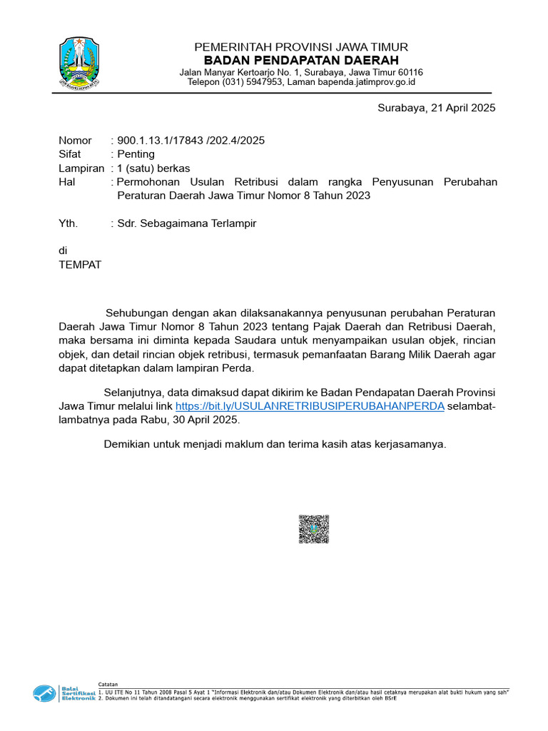 Surat Permintaan Usulan Retribusi Perubahan Perda 8 | PDF