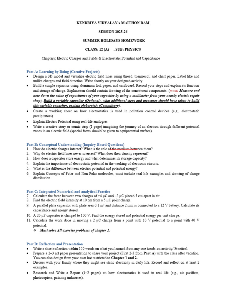 KV Class12 Physics Summer HW | PDF | Capacitor | Capacitance