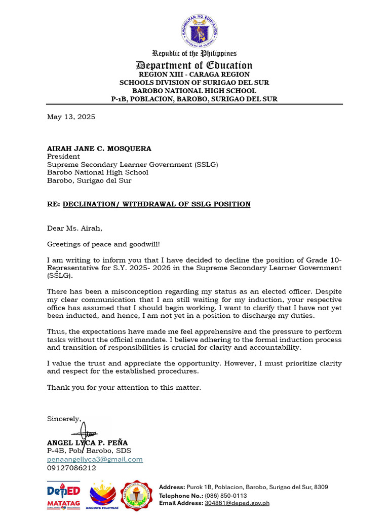 Declination Letter - Angel Lyca P. Pena - To SSLG Pres | PDF