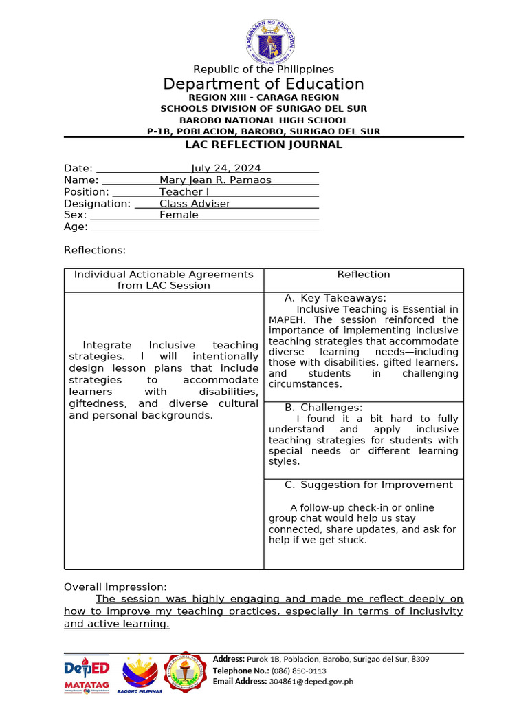 LAC Reflection Journal for MAPEH Teachers | PDF | Lesson Plan | Teachers