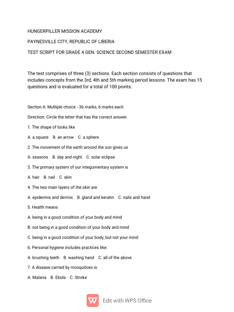 Grade 4 Science Exam Test Script | PDF | Skin | Integumentary System