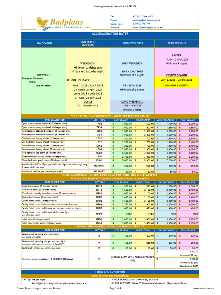 Badplaas Forever Resort 2025 Price List | PDF | Bathroom | Room