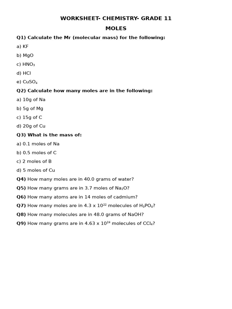 Grade 11 Chemistry Moles Worksheet | PDF