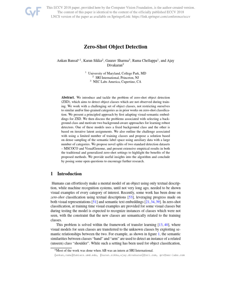 Ankan Bansal Zero-Shot Object Detection ECCV | PDF | Statistical Classification | Cluster Analysis