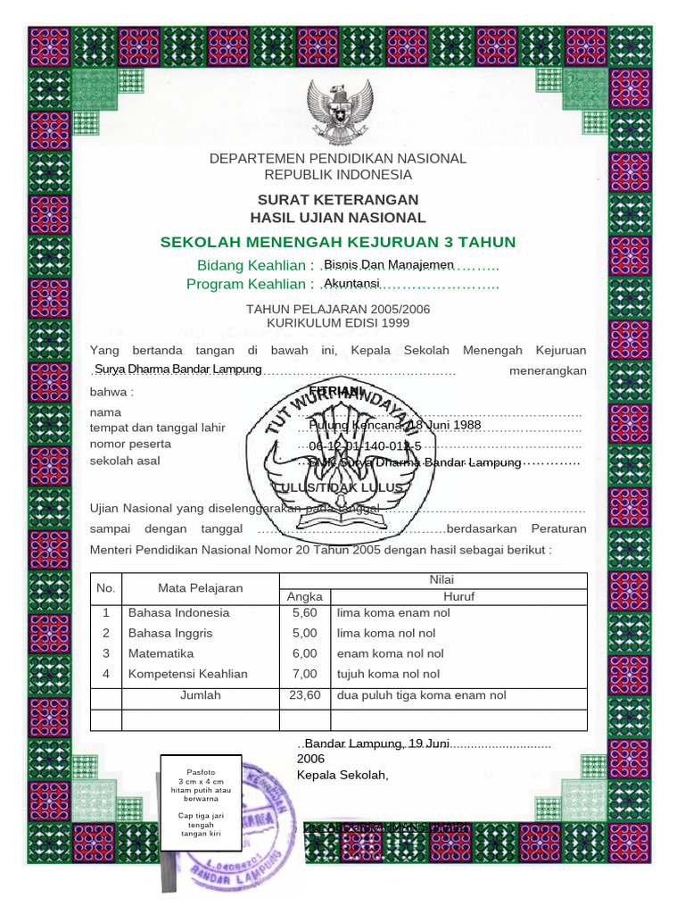 Blangko Ijasah SMK 2006 Tik Fix | PDF