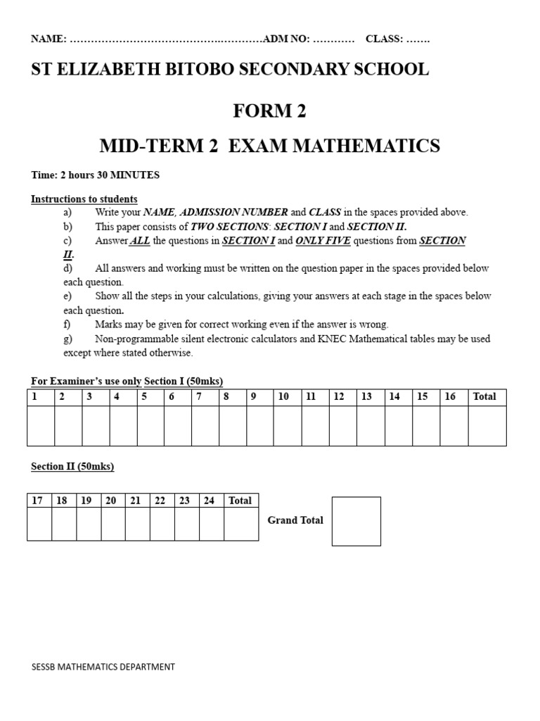 MATH FORM 2 MID-TERM 2, 2025 EXAM | PDF | Circle | Area