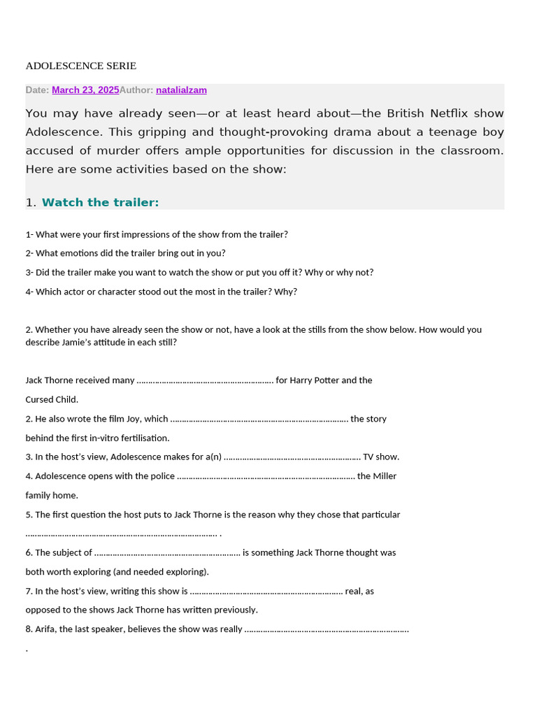 Classroom Activities for Netflix's Adolescence | PDF
